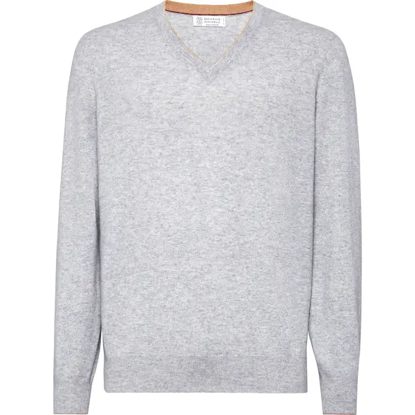 Brunello Cucinelli Cashmere V-Neck Sweater - Light Grey | Editorialist